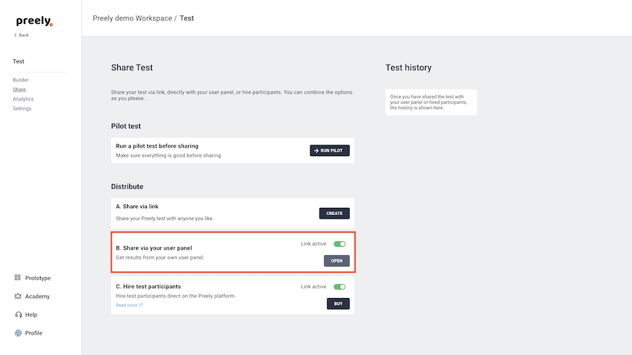 Preely Academy - Share your test via the test panel - Free sign up