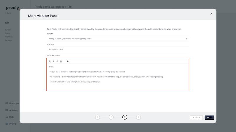 Preely Academy - Share your test via the test panel - Free sign up