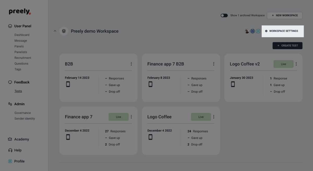 Preely Academy - Workspaces - Free user and usability testing platform